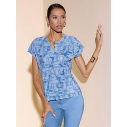 CR&Eacute;ATION L Kurzarmshirt CREATION L "Plissee-Shirt", Damen, Gr. 44, himmelblau, ecru, bedruckt, 95% Polyester, 5% Elasthan, gemustert, V-Ausschnitt, Shirts Kurzarmshirt