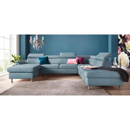 Wohnlandschaft exxpo - SOFA FASHION "Maretto, bequem und komfortabel, viel Platz, Breite 330cm, U-Form", blau, B:330cm H:96cm T:230cm, Luxus-Microfaser Vintageoptik (100% Polyester);Webstoff, Sofas, Wohnlandschaft, inkl. Kopfteilverstellung f&uuml;r mehr Sitzkomfort, wahlweise Bettfunktion
