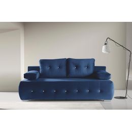 Schlafsofa WERK2 "Monaco Design Bettsofa, pflegeleichter Samtoptik Bezug, Breite 205cm", blau, B:205cm H:90cm T:105cm, 100% Polyester, Sofas, Schlafsofa, 2-Sitzer Schlafcouch mit Bettkasten & funkelnden Ziersteinchen