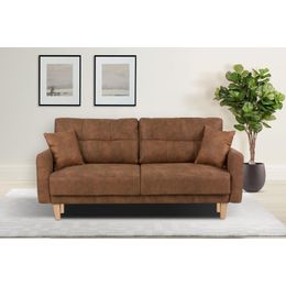 2-Sitzer Home Affaire "TRIPLO mit Wellenunterfederung, Ma&szlig;e B/T/H: 165/100/89 cm", braun (cognac), B:165cm H:89cm T:100cm, Luxus-Microfaser weich (92% Polyester, 8% Nylon), ;Filzoptik ( 100% Polyester);Luxus-Microfaser Vintageoptik (100% Polyester), Sofas, 2-Sitzer, Sofa mit Steppung im R&uuml;ckenbereich, incl. R&uuml;ckenkissen und Zierkissen