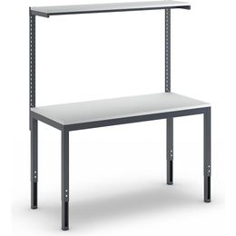 eurokraft basic H&ouml;henverstellbarer Arbeitstisch mit Etagenbord, h&ouml;henverstellbar 650 - 900 mm, BxT 1500 x 700 mm, Melaminplatte