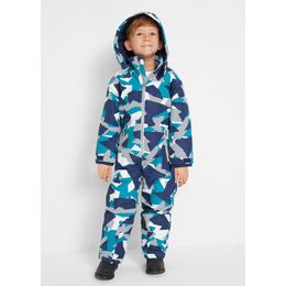 bonprix warm gef&uuml;tterter Schneeanzug mit abnehmbarer Kapuze, blau, Gr.110, Toller Schneeoverall mit coolem Print, warm gef&uuml;tterte und wasserfest