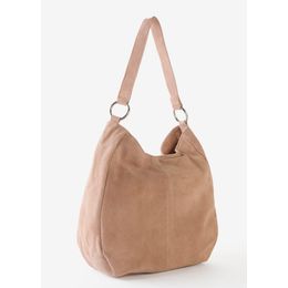bonprix Veloursledertasche mit dekorativem Zusatzriemen, beige, Gr.34x38 cm, Zeitlose Ledertasche mit geflochtenem Tragehenkel, aus Veloursleder