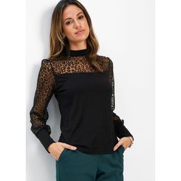 bonprix Langarmshirt aus softem Viskose-Mix, schwarz, Gr.56/58 (3XL), Shirt mit transparenten &Auml;rmeln im trendigen Animal Design, aus Viskose