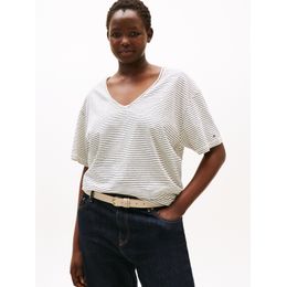 Damen V-Shirt "CRV MODERN CO LINEN V-NK SS"calico, schwarz night navy stp, Gr. 48, Tommy Hilfiger Curve, gestreift, Web, Obermaterial: 55% Leinen,