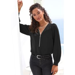 Lascana Damen Langarmbluse, schwarz, Gr. 38, unifarben, Web, Obermaterial: 100% Polyester, Blusen, mit Rei&szlig;verschlussdetail, elegante Damenbluse