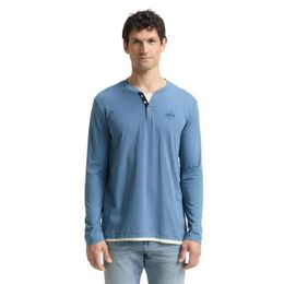 Tom Tailor Herren Langarmshirt, blau, Gr. M, kontrastfarbene Details, unifarben, Single Jersey, Obermaterial: 100% Baumwolle, Shirts, mit Logo Print