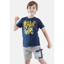 DENOKIDS Jungen Hausanzug "Rawr", Gr. 116, blau, 50% Baumwolle, 45% Polyester, 5% Elasthan, bedruckt, Homewear-Sets, mit aufgedrucktem Schriftzug
