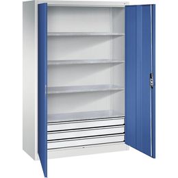 C+P Werkstatt-Fl&uuml;gelt&uuml;rschrank mit Schubladen, BxT 930 x 600 mm, 4 Fachb&ouml;den, lichtgrau / enzianblau