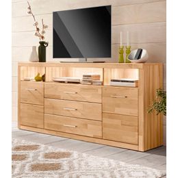 Sideboard OTTO HOME "Ribe,180cm breit, Fronten Massivholz,7 F&auml;cher", beige (kernbuche teilmassiv), B:180cm H:80cm T:35cm, Holz teilmassiv, Sideboards, Sideboard, Holz massiv, Holzwerkstoff, Metall Griffe,2T&uuml;ren,3Schubladen