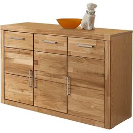 Sideboard OTTO HOME "Logo,130cm breit,42 cm tief, Fronten Massivholz,2 breite F&auml;cher", braun (eiche teilmassiv), B:130cm H:80cm T:42cm, Holz teilmassiv, Sideboards, Sideboard, Holz massiv, Holzwerkstoff, Metall Griffe,3T&uuml;ren,3Schubladen