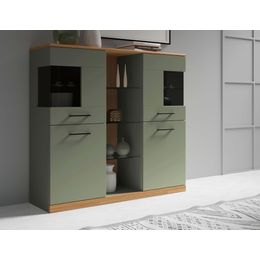 Highboard OTTO HOME "Ribe,120cm breit,112cm hoch,Oberplatte massiv,12 F&auml;cher", salbei, eiche, B:120cm H:112cm T:35cm, FSC-zertifizierter Holzwerkstoff, Massivholz, Sideboards, Highboard, Eiche massiv,Melamin Salbeigr&uuml;n,schwarze Metall Griffe,T&uuml;ren mit Glass