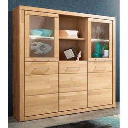 Highboard OTTO HOME "Trondheim,130cm breit,42 cm tief, Fronten Holzmassiv, Metallgriffe", beige (kernbuche teilmassiv), B:130cm H:145cm T:42cm, Holz teilmassiv, Sideboards, Highboard, Korpus aus Holzwerkstoff,4 T&uuml;ren,12 F&auml;cher, B&ouml;den teilweise versetzbar