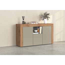 Sideboard OTTO HOME "CHRONOS Breite 155 cm mit 3 T&uuml;ren, 1 offenes und 6 geschlossene F&auml;cher", taube matt, eiche wotan, B:155cm H:85cm T:40cm, FSC-zertifizierter Holzwerkstoff, Sideboards, Sideboard, Sideboard,Kommode, Schrank, Grifflos mit Push to Open, Made in Italy