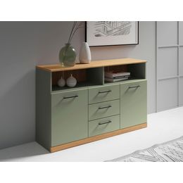 Sideboard OTTO HOME "Ribe,130cm breit,80cm hoch,T&uuml;ren und Schubladen,6 F&auml;cher", salbei, eiche, B:130cm H:80cm T:35cm, FSC-zertifizierter Holzwerkstoff, Massivholz, Sideboards, Sideboard, Oberplatte Eiche massiv,schwarze Metall Griffe
