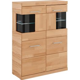 Highboard OTTO HOME "Ribe,85cm breit,115cm hoch, Fronten Massivholz,4 breite F&auml;cher", beige (kernbuche teilmassiv), B:85cm H:115cm T:35cm, Holz teilmassiv, Sideboards, Highboard, Korpus Holzwerkstoff,2T&uuml;ren mit Glaseinsatz, B&ouml;den versetzbar