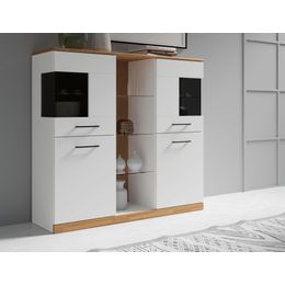 Highboard OTTO HOME "Ribe,120cm breit,112cm hoch,Oberplatte massiv,12 F&auml;cher", wei&szlig; (weis, eiche), B:120cm H:112cm T:35cm, FSC-zertifizierter Holzwerkstoff, Massivholz, Sideboards, Highboard, Oberplatte Massivholz,schwarze Metall Griffe,2 T&uuml;ren mit Glaseinsatz