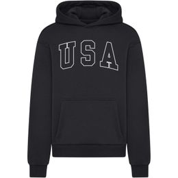 Kapuzensweatshirt MisterTee "MisterTee USA Fluffy Hoody", Herren, Gr. L, schwarz, 70% Baumwolle, 30% Polyester, bedruckt, Sweatshirts