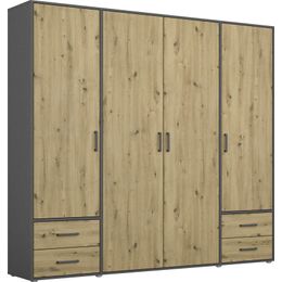 Dreht&uuml;renschrank Rauch "Kleiderschrank Schrank Garderobe W&auml;scheschrank VOYAGER", grau (graumetallic, eiche artisan, griffe graumetallic), B:187cm H:194cm T:53cm, Holzwerkstoff, Schr&auml;nke, Dreht&uuml;renschrank, mit 2 modernen Griffvarianten, mit Au&szlig;enschubladen MADE IN GERMANY, Topseller
