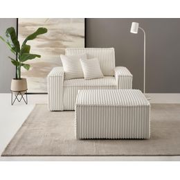Loveseat OTTO HOME "FINNLEY, Loveseat & Hocker im Set, trendige Stoffe, inkl. Zierkissen", beige (hellbeige), B:120cm H:85cm T:166cm, Bezugstoff 100% PES ;Gramatur 400g/qm +/- 5%, Sessel, verf&uuml;gbar in den Stoffqualit&auml;ten Boucl&eacute;, Struktur fein und Mega Cord