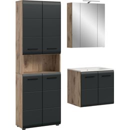 Badezimmer-Set Welltime, nox oak nb, sschwarz matt, B:135cm H:185cm T:46cm, MDF, Spanplatte, Kastenm&ouml;bel-Sets, Florenz, Badkombination 5-tlg, Nox Oak NB. inkl. Waschbecken+Bel.