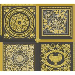 Vliestapete Versace "Wallpaper Versace 5 Design Patchwork", gold (schwarz goldfarben), B:0,7m H:0,01m L:10,05m, Vinyl, Vlies, Tapeten, auffallende Fliesen-Tapete Tapeten Wohnzimmer Schlafzimmer K&uuml;che Optik