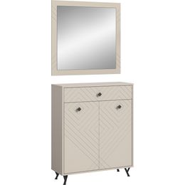 Garderoben-Set Home Affaire "Mento, 2-teilig, Ornamentfr&auml;sung in der Front, bestehend aus:", beige (sandbeige), B:80cm H:190cm T:35cm, FSC-zertifizierter Holzwerkstoff, Glas, MDF, Kastenm&ouml;bel-Sets, Schuhkommode & Spiegel, Metall Knopfgriffe & Y-F&uuml;&szlig;e