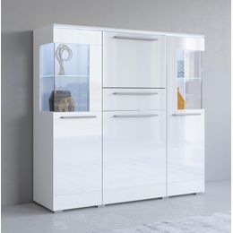 Highboard OTTO HOME "India,Breite 130cm, stilvolle Hochkommode 3T&uuml;ren, Klappe und Schublade", wei&szlig; (wei&szlig;, wei&szlig; hgl), B:130cm H:127,5cm T:39cm, ABS-Kunststoff, FSC-zertifizierter Holzwerkstoff, Glas, Kunststoff, Metall, Sideboards, Highboard, Hochschrank viel Stauraum, Einlegeb&ouml;den verstellbar,ohne Beleuchtung