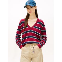 V-Ausschnitt-Pullover Tommy Jeans "TJW ESSENTIAL VNECK SWEATER EXT", Damen, Gr. M (38), lavish cerise, multi stripe, Strick, Obermaterial: 100% Baumwolle, gestreift, normal normal, V-Ausschnitt, Rippstrickb&uuml;ndchen, Pullover, mit Logostickerei