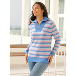 Troyer Casual Looks "Troyer-Pullover", Damen, Gr. 46, blau (himmelblau, rosenquarz, geringelt), 50% Baumwolle, 50% Polyacryl, gemustert, gestreift, mehrfarbig, Pullover Troyer