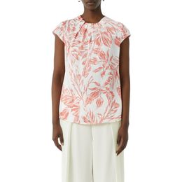 Kurzarmbluse comma, Damen, Gr. 44, rot (coral rot), Satin, Obermaterial: 95% Polyester, 5% Elasthan, bedruckt, regular fit taillenbedeckt, Rundhals, Blusen, mit All-Over Print und gerafftem Ausschnitt