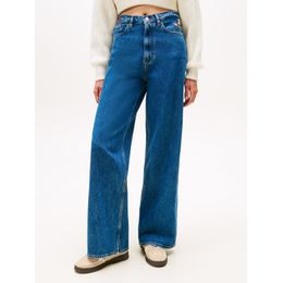 Loose-fit-Jeans Tommy Jeans "CLAIRE HR WD EMBRO BI4139", Damen, Gr. 31, L&auml;nge 30, blau (denim medium), Denim/Jeans, Obermaterial: 99% Baumwolle, 1% sonstige Fasern, unifarben, weit, Jeans