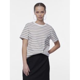 Kurzarmshirt Pieces "PCRIA SS TEE STRIPES NOOS BC", Damen, Gr. M, silber mink stripes:hellwei&szlig;, Single Jersey, Obermaterial: 100% Baumwolle, gestreift, regular fit normal, Rundhals, Shirts