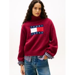 Rollkragenpullover Tommy Jeans "TJW TURTLENECK FLAG SWEATER EXT", Damen, Gr. XXXL(46), lavish cerise, Strick, Obermaterial: 53% Polyester, 38% Nylon, 9% Wolle, gemustert, regular fit normal, Rundhals, Pullover Rollkragenpullover