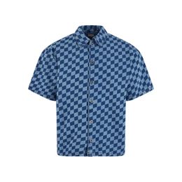 Langarm-Poloshirt Urban Classics "Urban Classics Laser Check Printed Boxy Shirt", Herren, Gr. S, blaulasercheck, 100% Baumwolle, kariert, normal, amerikanischer Ausschnitt, Shirts