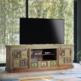 Pharao24.de TV Sideboard Fernsehschrank aus Massivholz mit Metall beschichtet