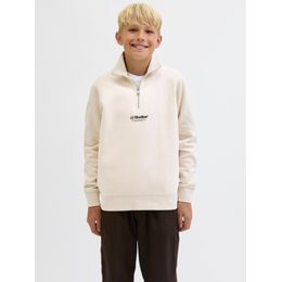 Jack & Jones Sweatshirt JACK & JONES JUNIOR "JJESOHO SWEAT QUARTER ZIP HN NOOS JNR", Jungen, Gr. 164, moonbeam, angeraute Sweatware, Obermaterial: 80% Baumwolle, 20% Polyester, bedruckt, relaxed fit normal, hoch geschlossener Ausschnitt, Rippb&uuml;ndchen, Sweatshirts Sweatshirt