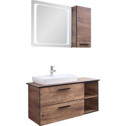 Badm&ouml;bel-Set SAPHIR "Quickset 374 3-teilig, Keramik-Aufsatzbecken mit LED-Spiegel", braun (eiche ribbeck quer nachbildung), B:103cm H:200cm T:44,5cm, Holzwerkstoff, Kastenm&ouml;bel-Sets, Badm&ouml;bel-Set, 103 cm breit, 1 T&uuml;r, 2 Schubladen, 2 offene F&auml;cher, inkl. T&uuml;rd&auml;mpfer