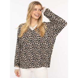Blusenshirt Zwillingsherz "Leo", Damen, Gr. L/XL, beige, wei&szlig;, Web, Obermaterial: 95% Viskose, 5% Elasthan, V-Ausschnitt, Shirts Blusenshirt, V-Neck, Animal Print, sportive B&uuml;ndchen