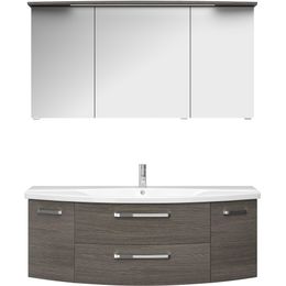 Badm&ouml;bel-Set SAPHIR "Serie 4010 2-teilig Keramik-Waschtisch mit LED-Spiegelschrank", grau (graphit sruktur quer nachbildung), B:144cm H:200cm T:49,5cm, Holzwerkstoff, Kastenm&ouml;bel-Sets, Badm&ouml;bel-Set, Badezimmer Set 144 cm breit, inkl. T&uuml;rd&auml;mpfer, 5 T&uuml;ren, 2 Schubladen