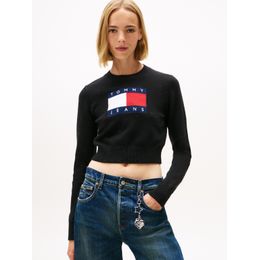 Strickpullover Tommy Jeans "TJW SPARKLE FLAG SWEATER EXT", Damen, Gr. S (36), schwarz, Strick, Obermaterial: 53% Baumwolle, 29% Polyester, 16% Polyamid, 2% Elasthan, unifarben, Rundhals, Pullover Strickpullover