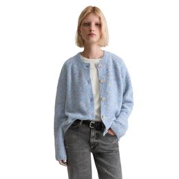 Marc O'Polo Strickjacke MARC O'POLO DENIM, Damen, Gr. L, blau dusk, Strick, Obermaterial: 77% Schurwolle, 15% Polyamid, 8% Viskose, relaxed fit normal, Rundhals, Rippb&uuml;ndchen, Strickjacken Strickjacke, Boucl&eacute;, relaxed fit, aus Schurwolle-Viskose-Mix