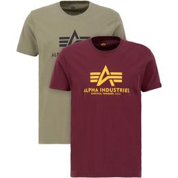 Rundhalsshirt Alpha Industries "Basic T 2 Pack", Herren, Gr. S, bunt (olive, burgundy), Single Jersey, Obermaterial: 100% Baumwolle, bedruckt, regular fit normal, Rundhals, Shirts Rundhalsshirt