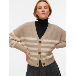 V&eacute;ro Moda Strickjacke VERO MODA "VMLEA LS V-NECK CUFF CARDIGAN NOOS", Damen, Gr. S, moon rock stripes:with silber lining stripes, Strick, Obermaterial: 100% Polyacryl, gestreift, regular fit normal, V-Ausschnitt, Rippb&uuml;ndchen, Strickjacken Strickjacke, Rippstrick