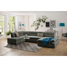Wohnlandschaft Home Affaire "Avesa U-Form", gr&uuml;n (dunkelgr&uuml;n), B:355cm H:80cm T:216cm, 95% Polyester, 5% Polyacryl, Sofas, Wohnlandschaft, Wahlweise mit Armteilverstellung und Bettfunktion, B/T/H: 355/216/80cm
