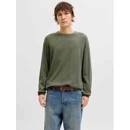 Jack & Jones Rundhalspullover JACK & JONES "JJESUMMER KNIT CREW NECK SN", Herren, Gr. XS, dusty olive, Strick, Obermaterial: 90% Baumwolle, 10% Leinen, unifarben, regular fit taillenbedeckt, Rundhals, gerader Abschluss, Pullover Rundhalspullover, mit Rundhalsausschnitt