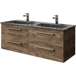 Waschtisch SAPHIR "Serie 6025 Mineralmarmor-Waschtisch mit Unterschrank, 132 cm breit", braun (eiche ribbeck, eiche ribbeck quer nb), B:132cm H:49,9cm T:48cm, Waschtische, Waschtisch, Doppel-Waschplatz mit 4 Schubladen, h&auml;ngend, verschiedene Ausf&uuml;hrungen