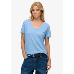 T-Shirt Superdry "STUDIOS SLUB EMB VEE TEE", Damen, Gr. M, blaubell, Single Jersey, Obermaterial: 60% Baumwolle, 40% Lyocell, unifarben, regular fit normal, V-Ausschnitt, Shirts T-Shirt, Baumwollmischung, relaxed fit
