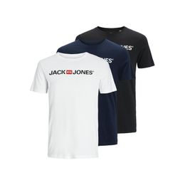 Jack & Jones Rundhalsshirt JACK & JONES "JJECORP im 3er Pack mit Print und Rundhalsausschnitt", Herren, Gr. XS, blau (wei&szlig;, schwarz, navy), Single Jersey, Obermaterial: 100% Baumwolle, unifarben, normal normal, Rundhals, Shirts Rundhalsshirt, unifarben, modisch, regular fit, Baumwolle, Rundhals, Topseller
