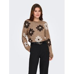 Rundhalspullover Only "ONLFREESIA LS FLOWER O-NECK RP KNT", Damen, Gr. L, toasted coconut pattern:flowers, schwarz coffee, pumice stone, Strick, Obermaterial: 80% Polyacryl, 20% Polyester, gemustert, regular fit normal, Rundhals, Pullover Rundhalspullover, mit Bl&uuml;mchen - Strickmuster